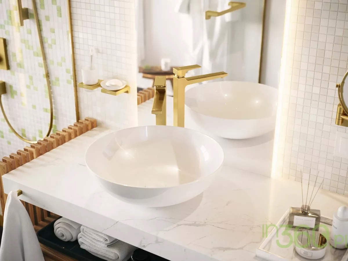 Złota łazienka premium ze złotymi bateriami Hansgrohe Metropol